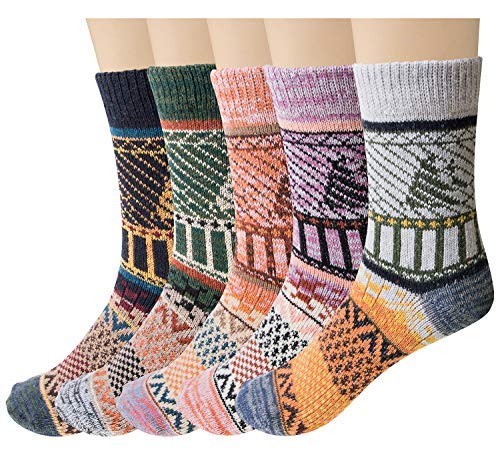 Loritta 5 Pairs Womens Wool Socks Thick Warm Soft Winter Knit Cozy Crew Socks Christmas Gifts,E-Stripe