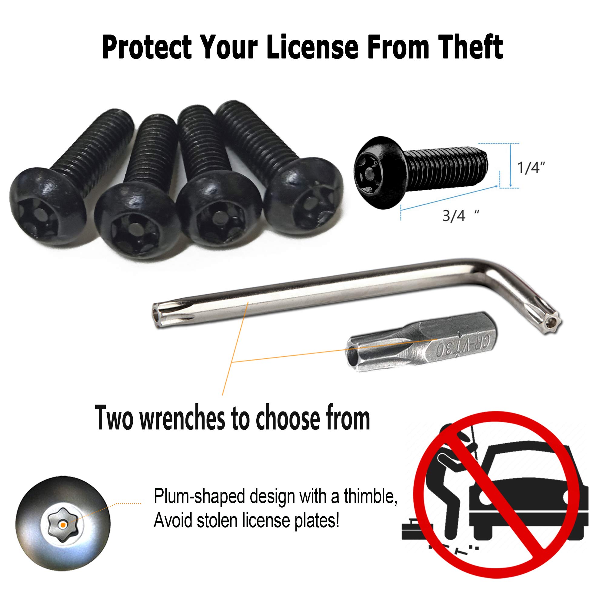 MINDA Black Anti Theft License Plate Screws- Rustproof Stainless Steel Security Car Tag Bolts Hardware,M6 (1/4 inch ) Tamper Proof Screws,Fastener Nut,Caps Cover for Front Rear Frame Holder Mounting