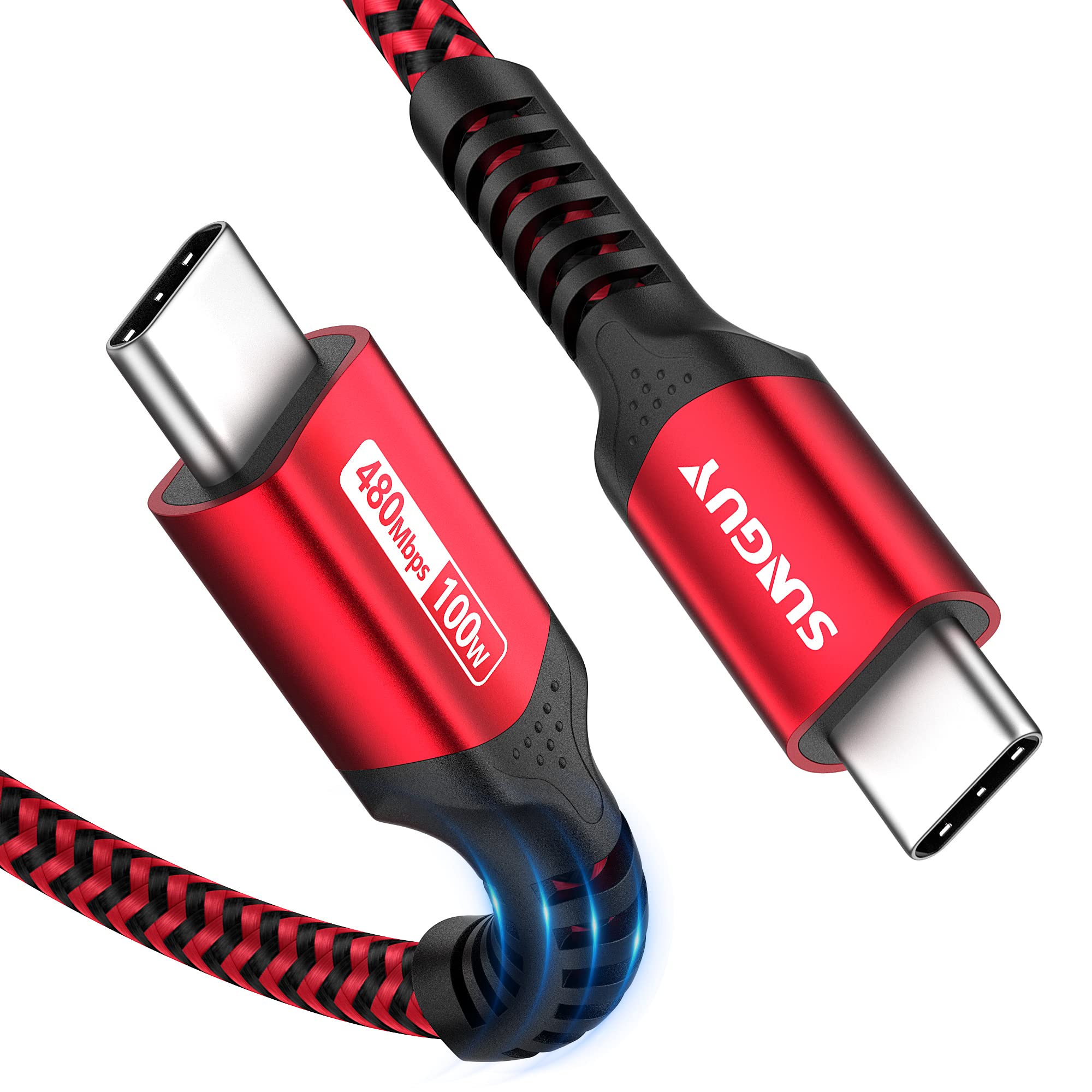 SUNGUY 100W USB C to C Cable 1.5FT, Braided USB 2.0 Type C to C Cable Fast Charging & Sync Compatible with Galaxy S23 S22 S21 Note 10, MacBook Pro 2021, iPad Pro 2020/Mini, Pixel 6 (Red)