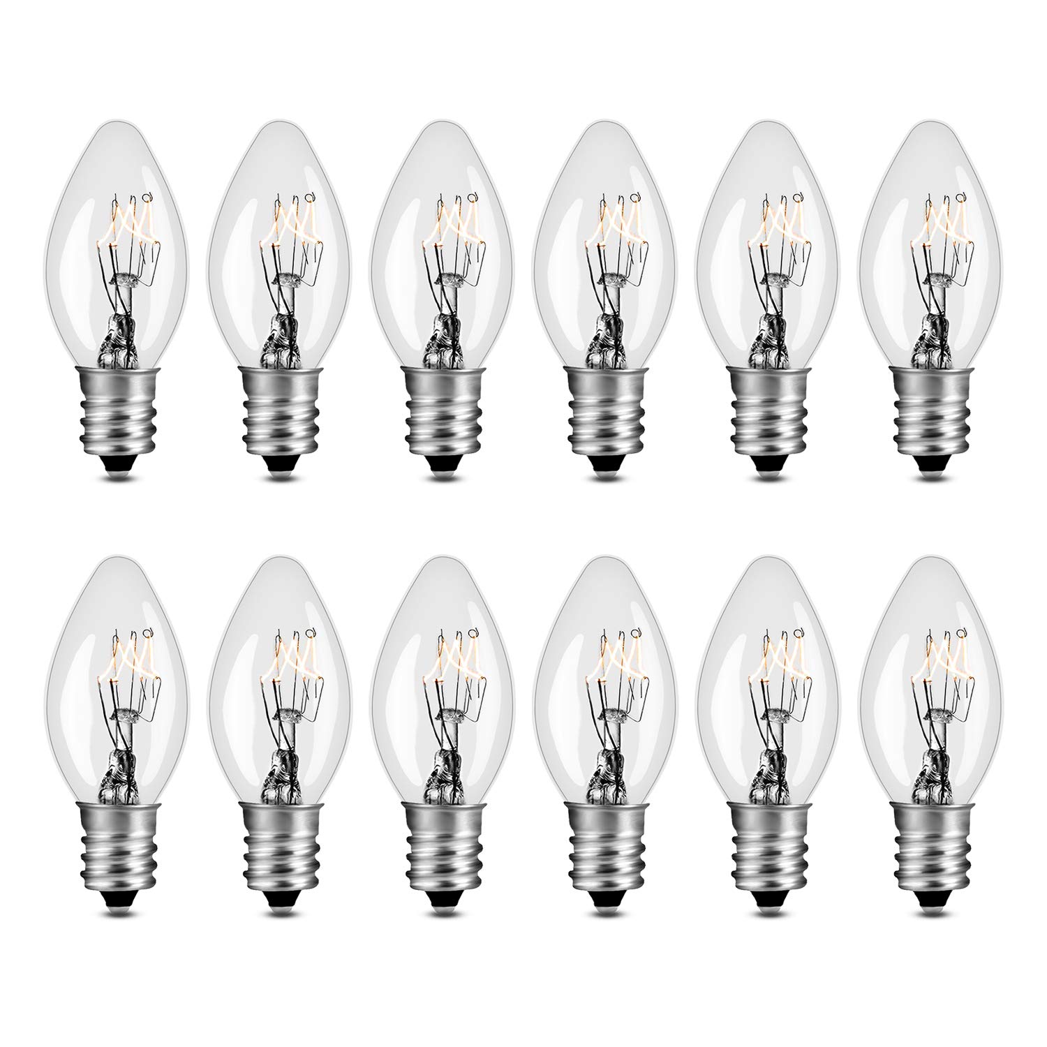 LEDESIGN 7 Watt Night Light Replacement Bulbs, Salt Lamp Light Bulb, Plug-in Night Light, Electric Window Candle Bulb, Night Lamps &Christmas Lights Incandescent E12 Socket C7, 12 Packs