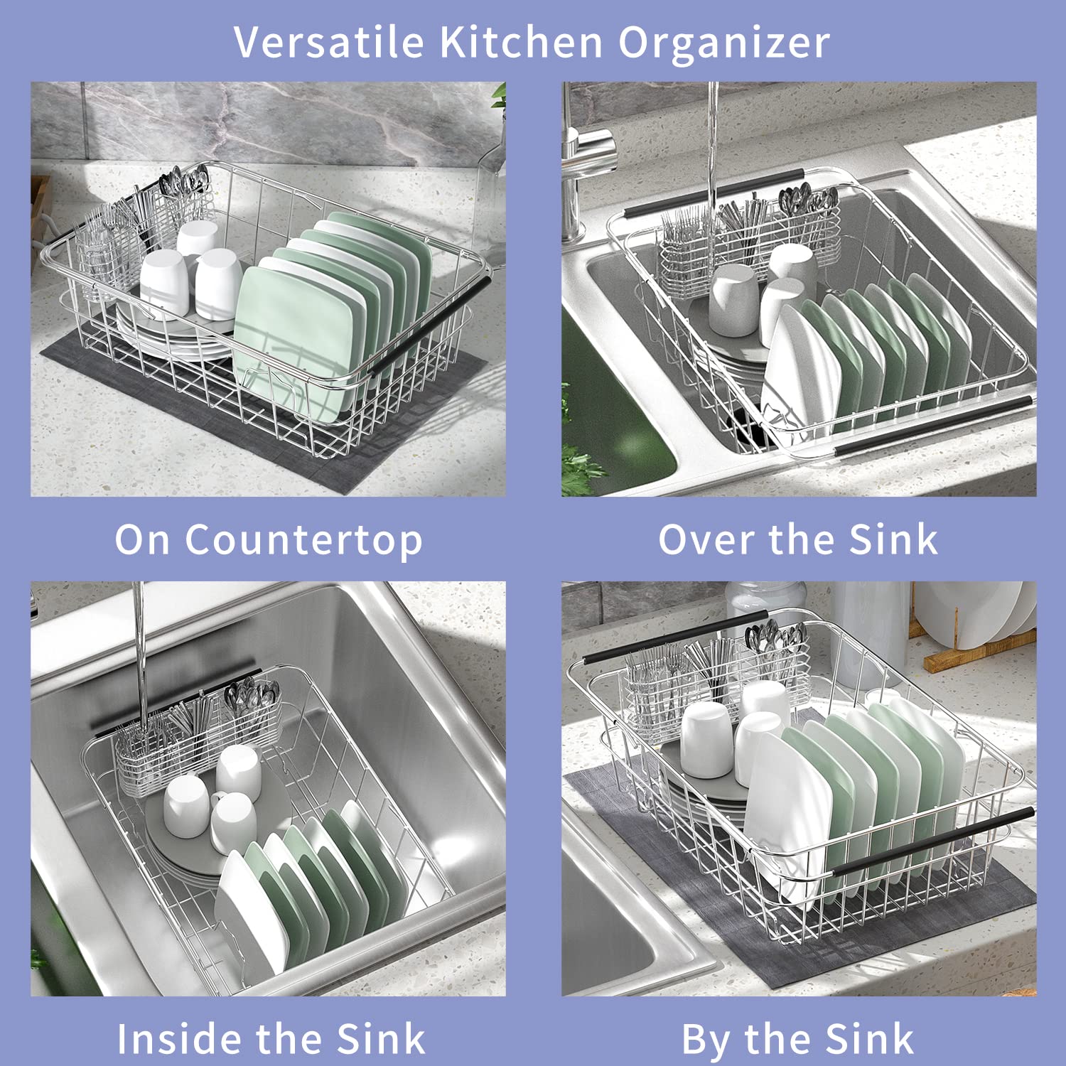 JAQ Dish Drainer in Sink Adjustable 14.96" to 20.59", Expandable 304 Stainless Steel Metal Dish Drying Rack Organizer with Stainless Steel Utensil Holder Over Inside Sink Counter