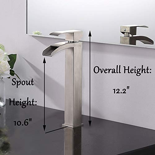 VCCUCINE Modern Vessel Sink Brushed Nickel Tall Waterfall Bathroom Faucet, Single Handle Mixer Vessel Sink Faucet with Pop Up Drain and Two 3/8" Hoses
