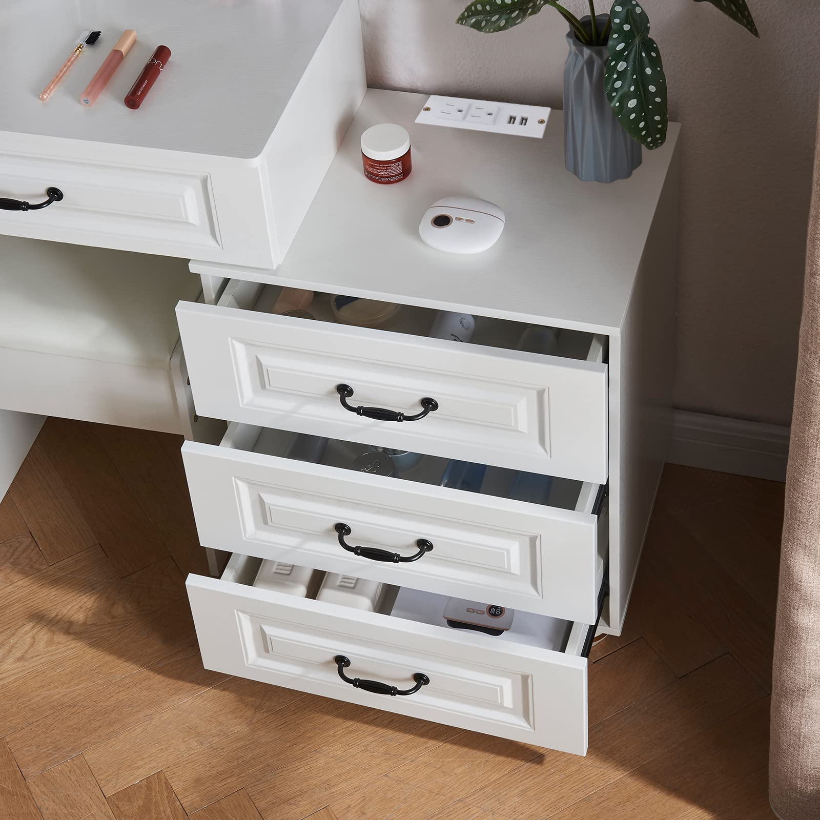 Jarbalai Makeup Vanity with 10 LED Bulbs Lighted Mirror, Modern Vanity Desk with Charging Station, White Makeup Dressing Table with 4 Drawers & Cushioned Stool Set for Bedroom