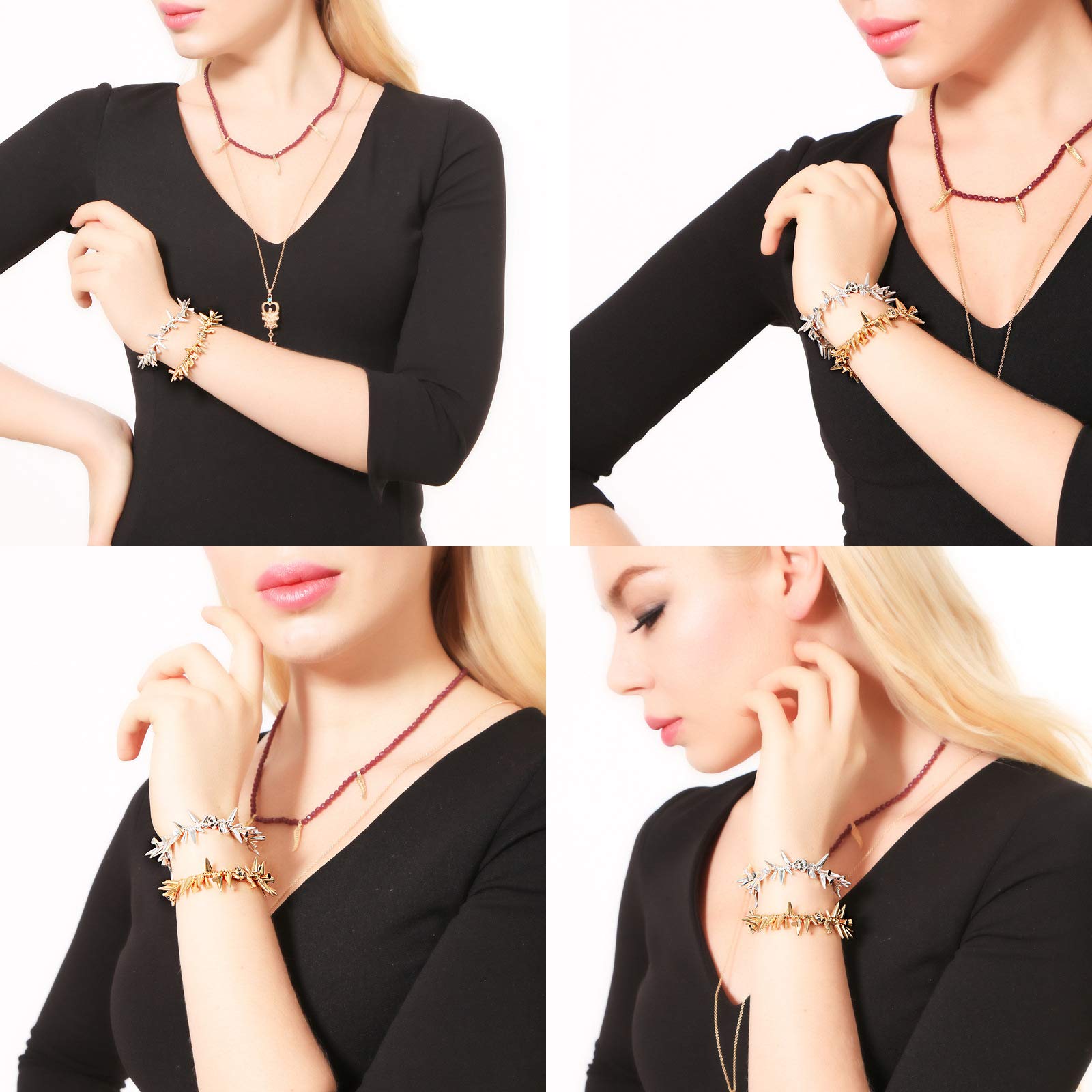 MINIDUO Rivet Punk Bracelet,Alloy Stretch Spike Studded Rivets Exaggerated Bracelet Jewelry for Women Gold