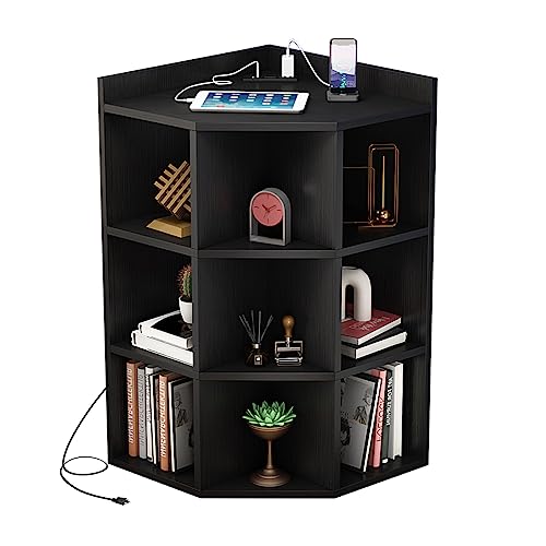 YQ JENMW Corner Storage Cabinet with Charging Station and Outlets, 9 Cubby Corner Bookshelf Bookcase with USB Ports and Outlets, Corner Night Stand Printer Stand for Small Corner Space,Black