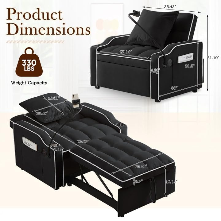 YASHFU 3 in 1 Sleeper Sofa Couch Bed, Velvet Convertible Loveseat Sleeper Sofa with USB Port and Ashtray & Swivel Phone Stand, Storage Pockets, Pull Out Loveseat Sleeper for Living Room(Grey)