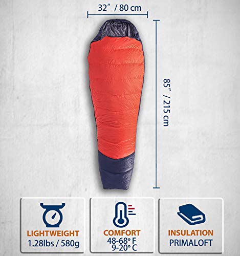 Litume 1.28lbs Ultra Lightweight Mummy Sleeping Bag, Backpacking Sleeping Bag with Insulation for 3 Seasons, Washable Compression Sack (Red)