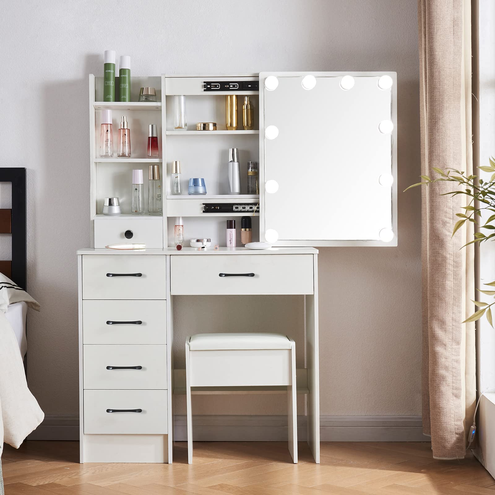 Jarbalai White Vanity Desk Makeup Table with Sliding Lighted Mirror, Modern Dressing Table with 5 Drawers and Cushioned Stool for Bedroom Furniture, Large Vanity Set Dresser