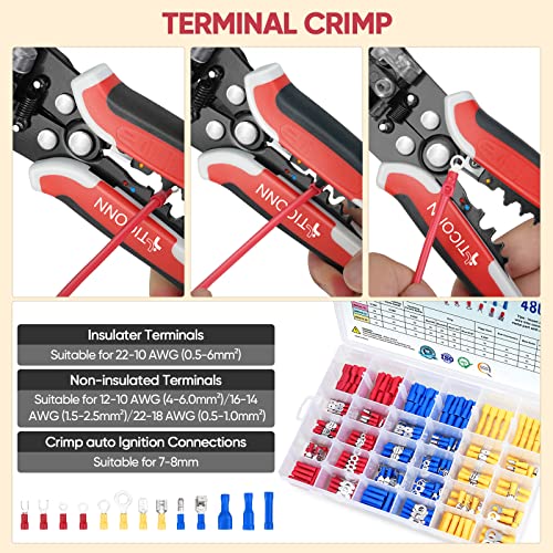 TICONN Automatic Wire Stripper Tool, 3 in 1 Wire Cutters Crimper Pliers Electrician Tools for 24β10 AWG Wire Stripping, Cutting and Crimping (Red)