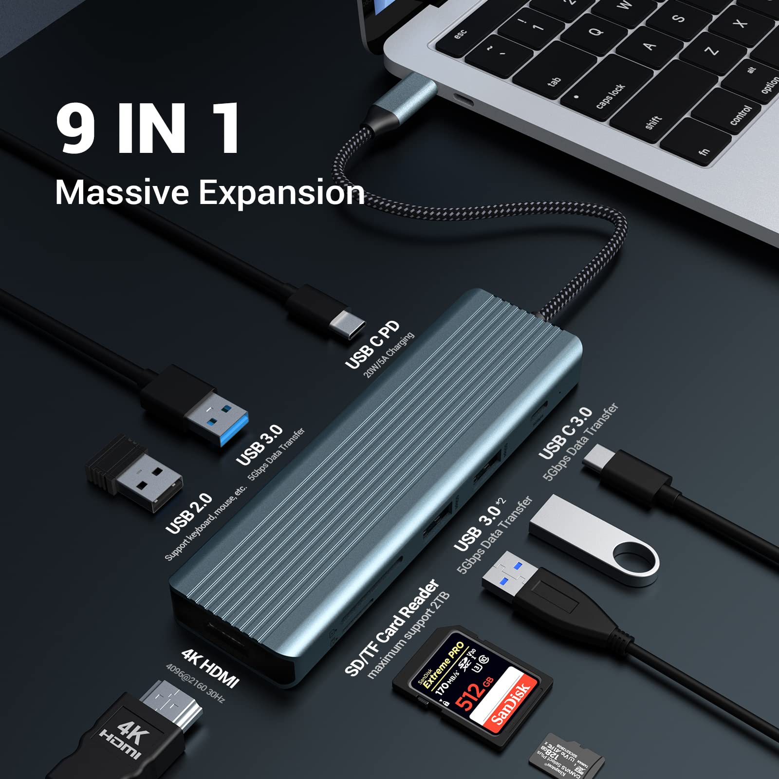 USB C HUB Dual Monitor, OBERSTER 9 in 1 USB C Adapter with 4K HDMI, 100 W PD, 3 USB 3.0, USB 2.0, USB C 3.0, SD/TF Compatible with MacBook Pro/Air, DELL, HP, Lenovo Pro, Surface Pro