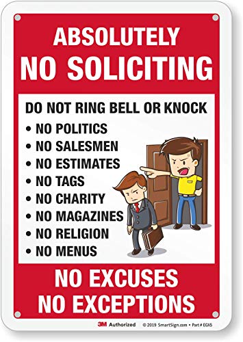 SmartSign 10 x 7 inch âAbsolutely No Soliciting - Do Not Ring Bell Or Knockâ Metal Sign with Graphic, 40 mil Aluminum, 3M Laminated Engineer Grade Reflective Material, Multicolor