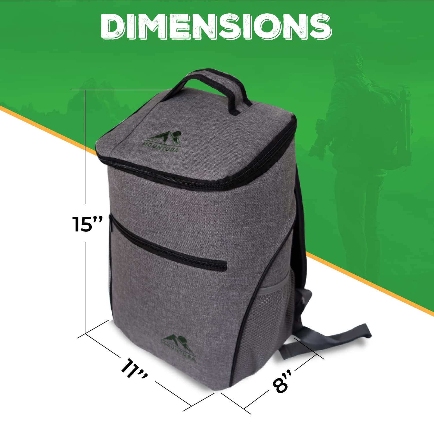 Mountura Lightweight Grey Insulated Backpack, Leak-Proof Backpack with Cooler for Hiking, Work, Picnics, Camping, Beach and Day Trips, 22-Can Carry Capacity, Medium
