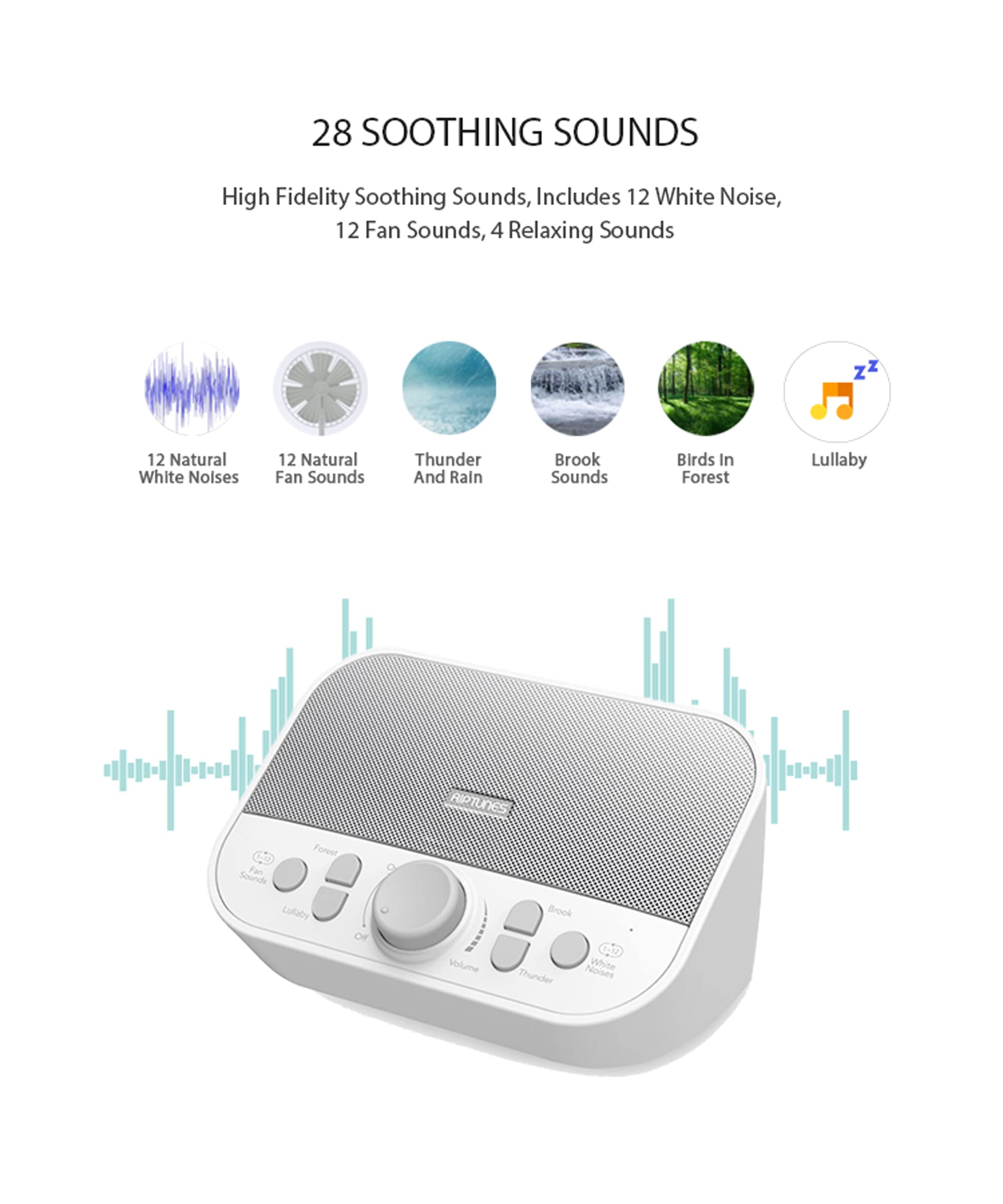 Riptunes White Noise Sound Machine w/ 28 Soothing Sounds, SM128 Enjoy Your Sleep with This Great Noise Machine