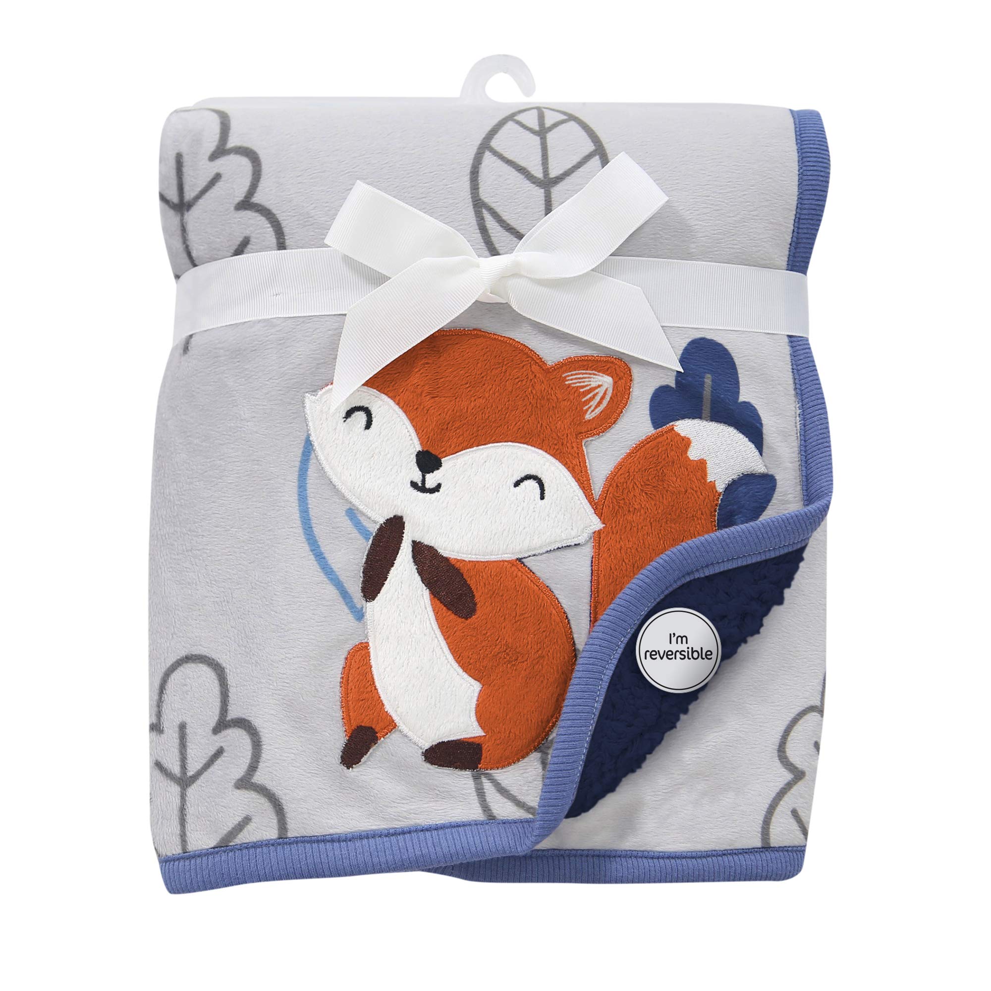 Lambs & Ivy Little Campers Blue/Gray Fox with Leaves Sherpa Baby Blanket