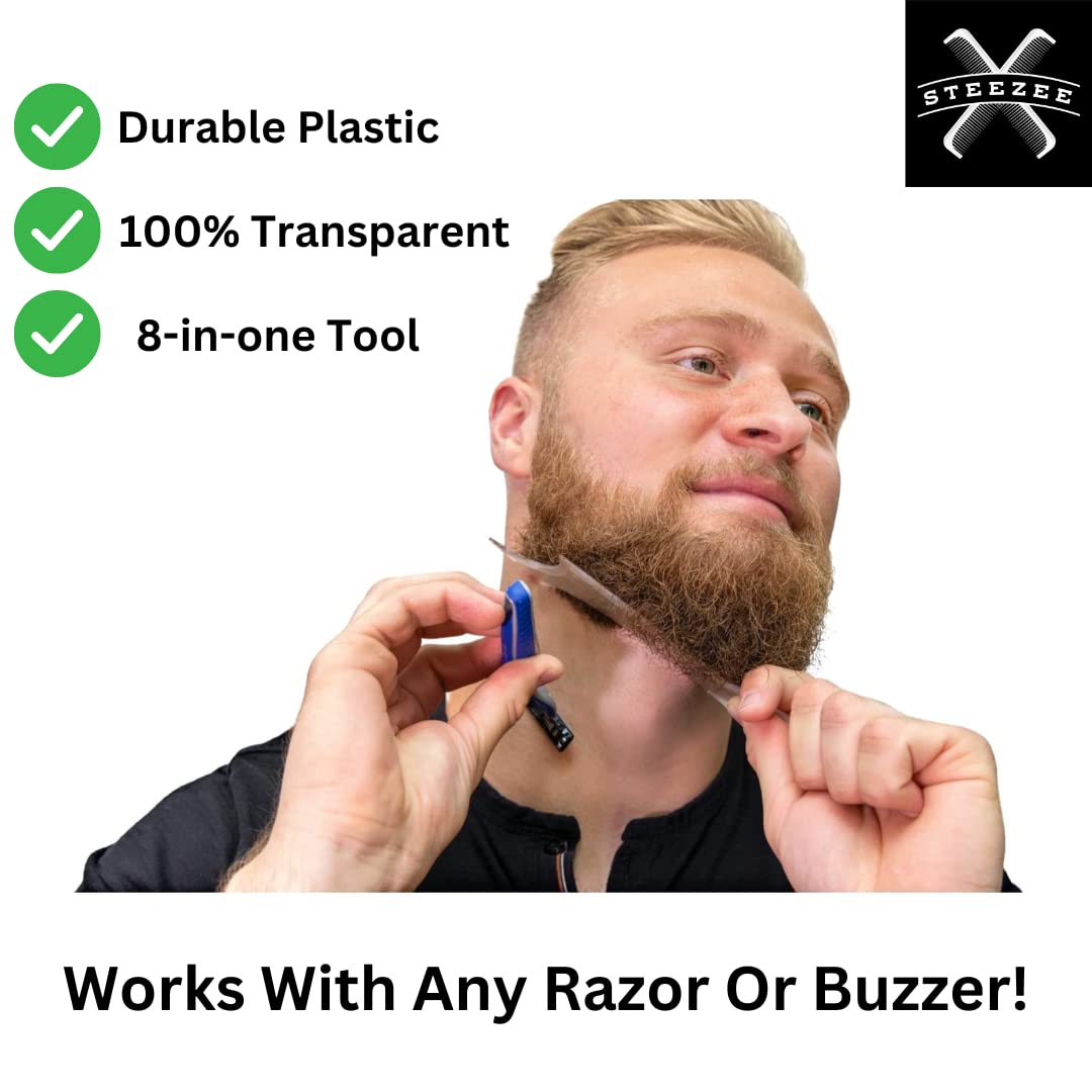Steezee Beard Shaper For Men - 8-in-1 Transparent Shaping Tool With Comb and Edges For Perfect Lineups - Use With Razor or Trimmer To Style Facial Hair