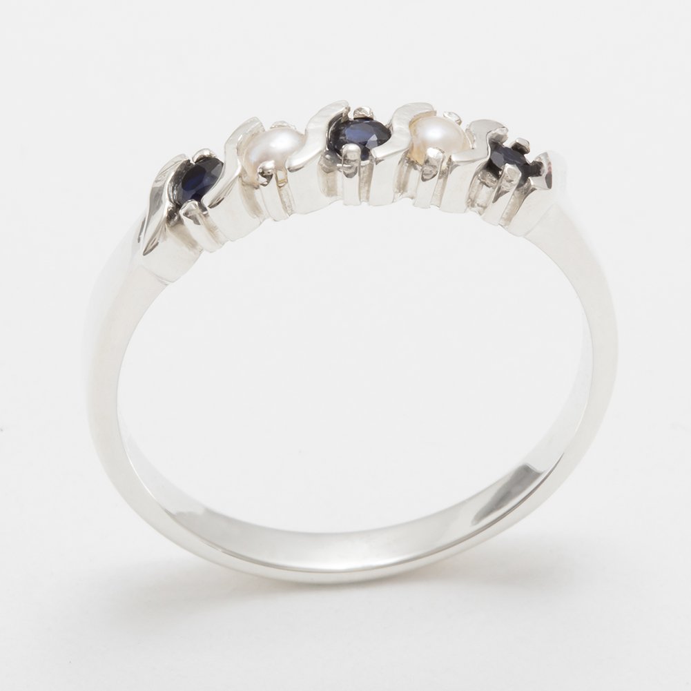 LetsBuyGold Solid 925 Sterling Silver Real Genuine Sapphire & Cultured Pearl Womens Eternity Band Ring - 7 - Size 7