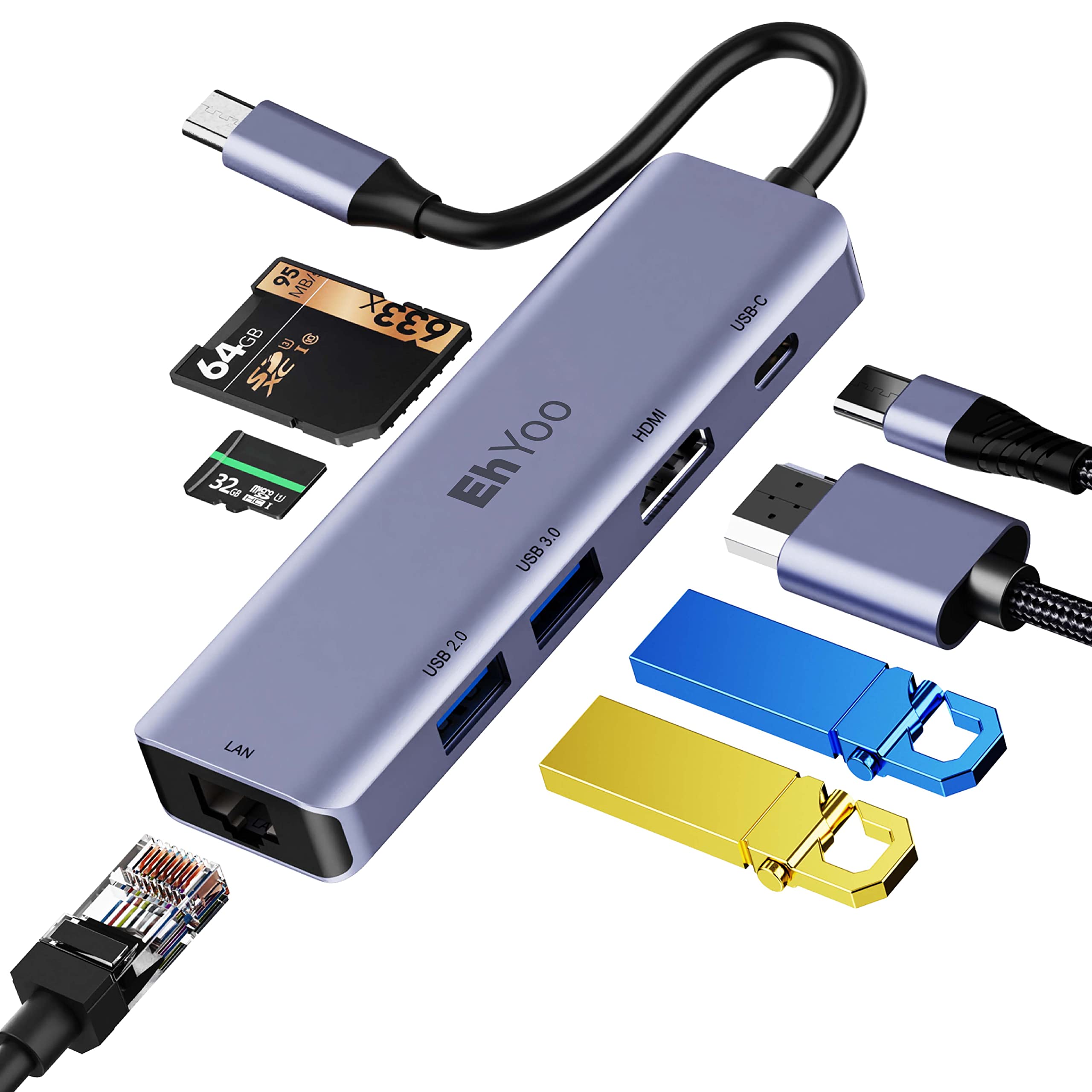 USB C Hub Multiport Adapter,EhYoo 7 Port USB-C Hub with 4K/HD 60Hz, RJ45 Ethernet, 60W PD, SD/TF Card Slots, 2X USB 3.0 5Gbps Data Ports, for ROG Ally, Smartphones, MacBook, iPad, Switch, Steam Deck