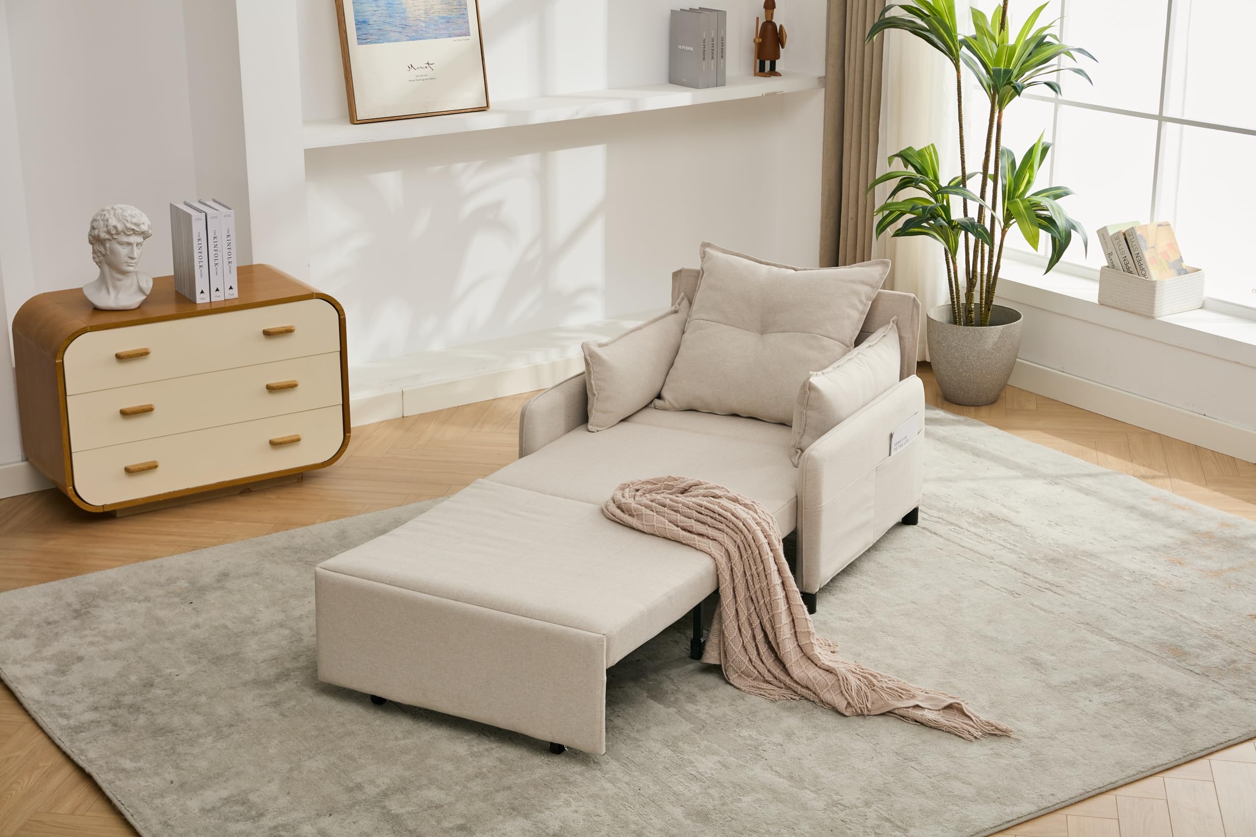 WOTSTA Sleeper Chair,3-in-1 Convertible Chair Bed Pull Out Sleeper Chair Beds,Adjustable Sofa Bed with 2 Side Pockets for Living Room, Study, Small Space,Beige