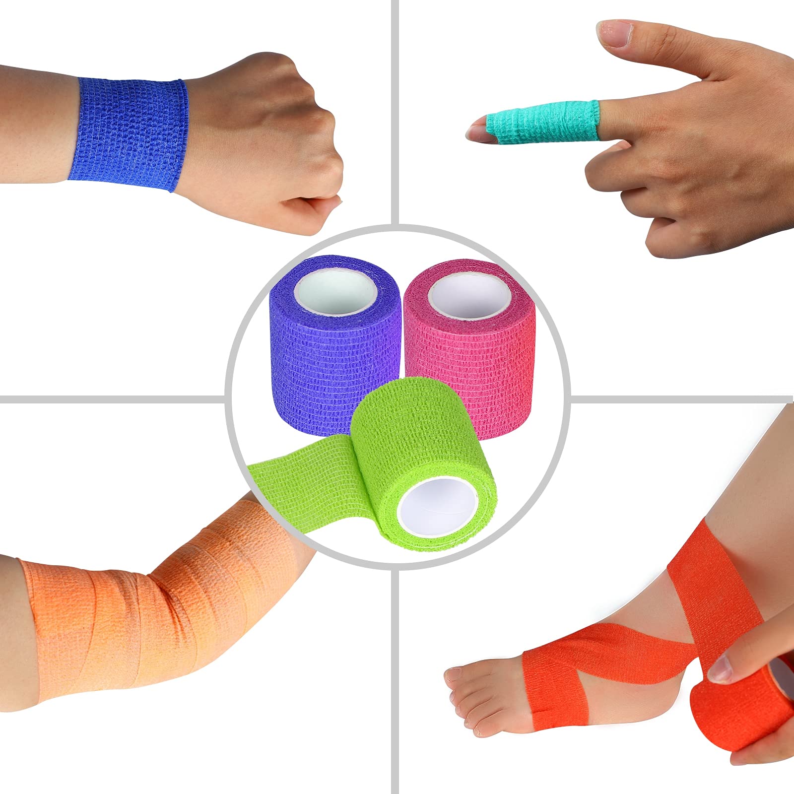MorTime 24 PACK Self-Adhesive Bandage Wrap, Colorful Non Woven Adherent Cohesive Bandage Rolls Breathable Self Adherent Wrap for Sports Injury Pets Ankle Wrist