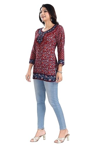 Keshubaba Indian Kurtis for Women Indian Style Crepe Short Kurta Kameez Printed Designs Tunics Tops for Jeans Leggings (Red/X-Large)
