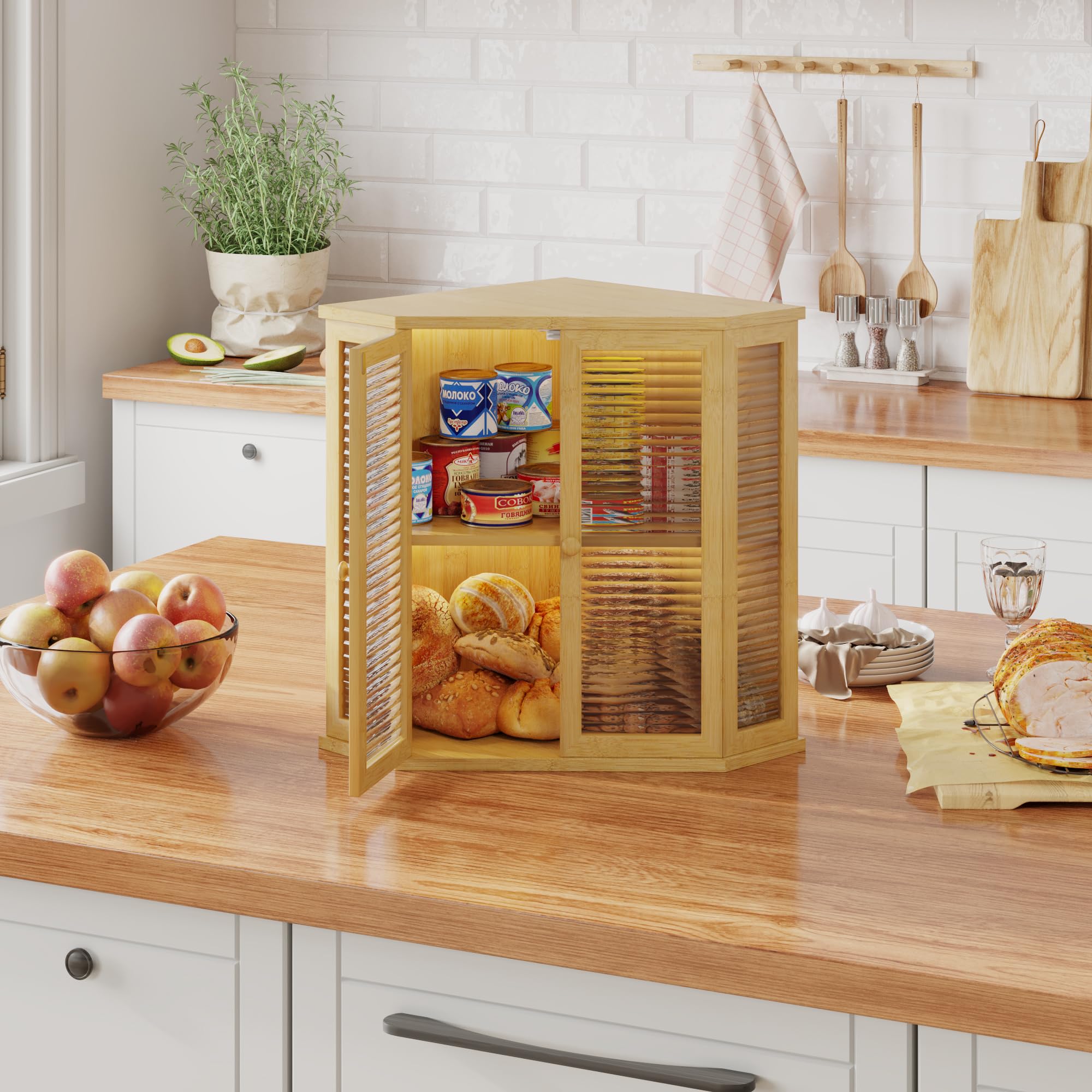 WouZglk Extra Large Corner Bread Box for Kitchen Countertop, 16.5 inch Bamboo Double Layer Bread Storage with Glass Wavy Door Panel, Eco-Friendly and Stylish Design
