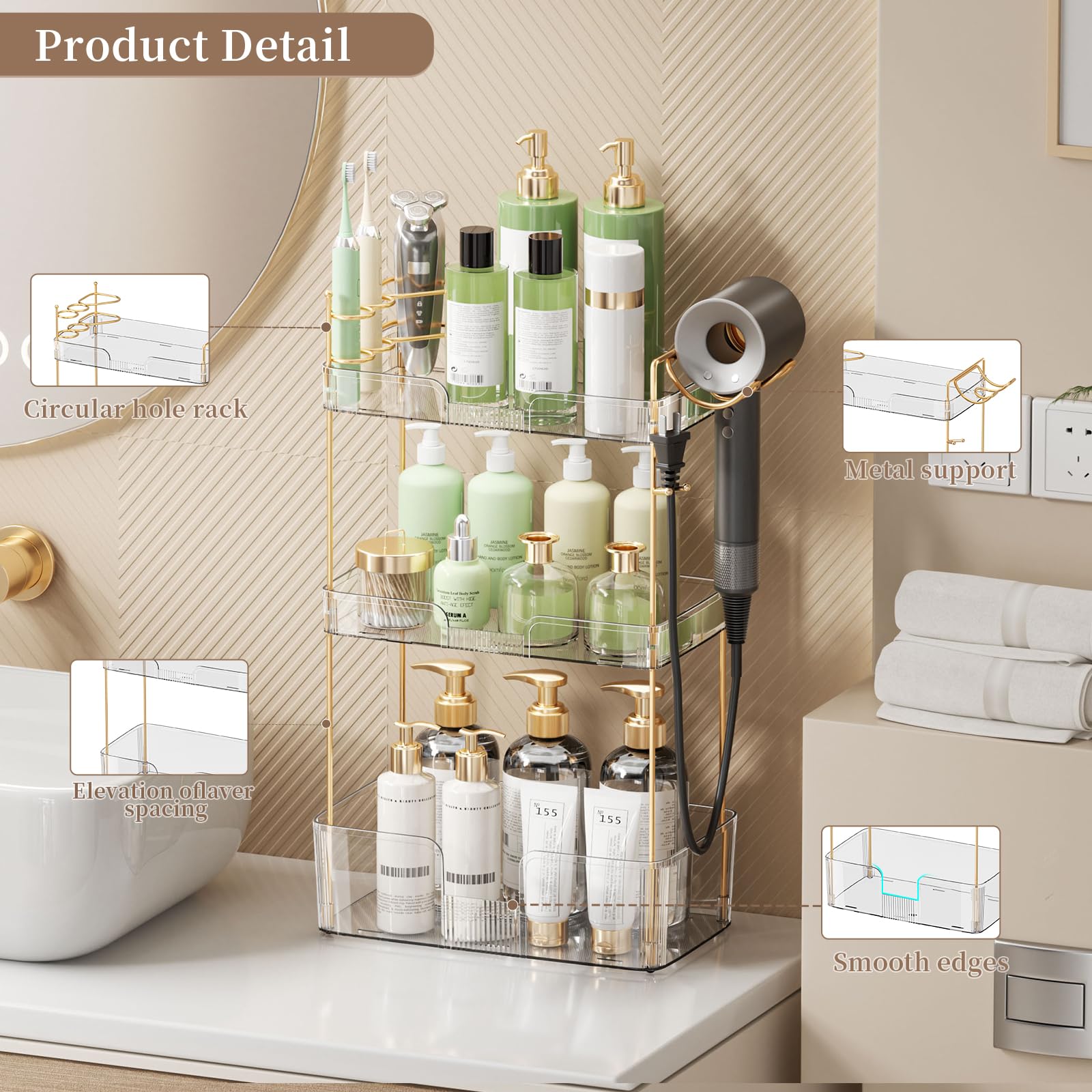 YCIA&DONE Luxury Bathroom Counter Organizer, Large Makeup Organizer Countertop, Shelf Organizer, Vanity Tray, Easily Assemble for Bathroom Organizers and Storage, Undersink, Cabinet, 2 Tiers Clear