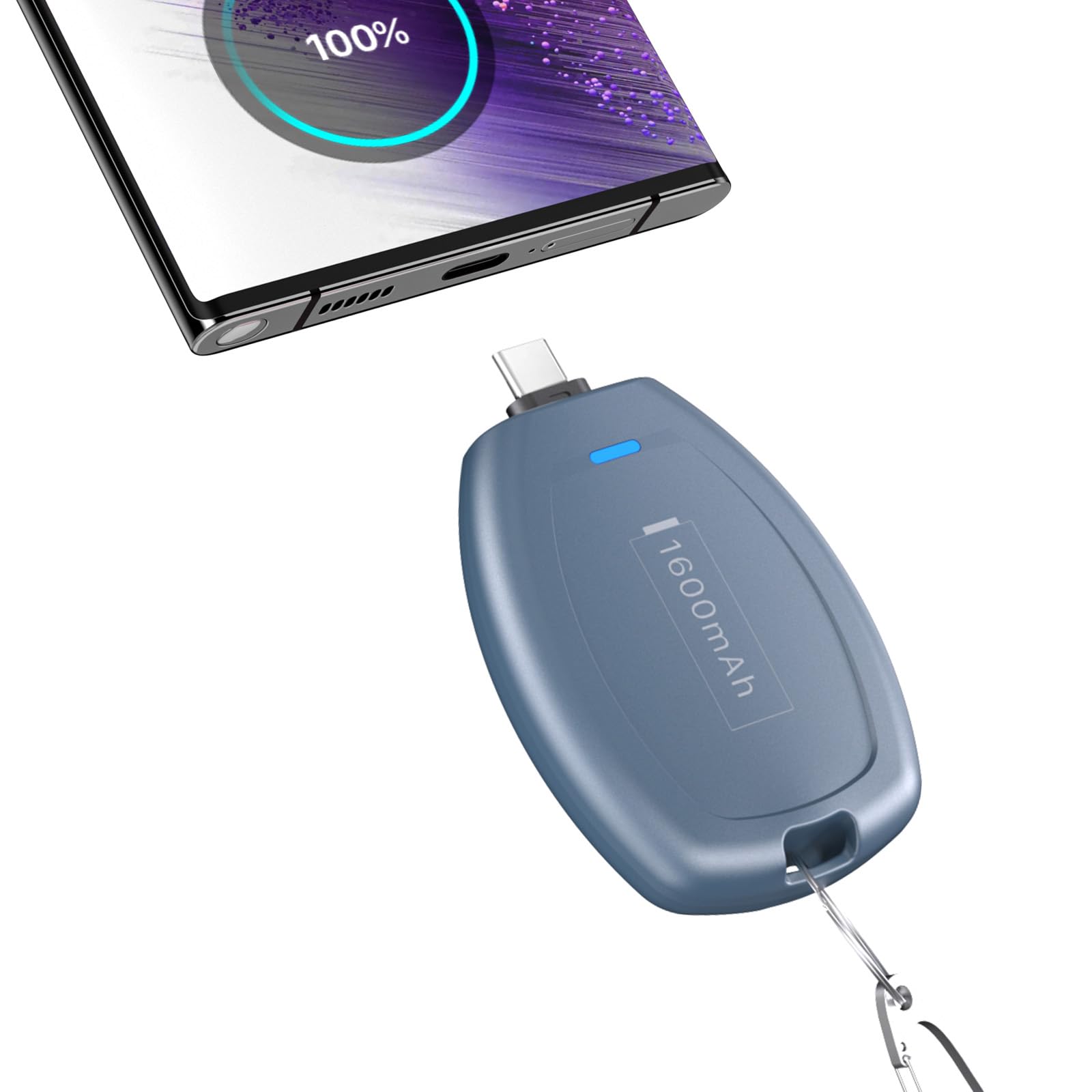 Keychain Portable Charger for Android, 1600mAh Ultra-Compact Small Portable Power Emergency Pod Mini Phone Power Bank, Fast Charging Key Ring Cell Phone Charger for Samsung, Moto, LG, Type-C (Blue)