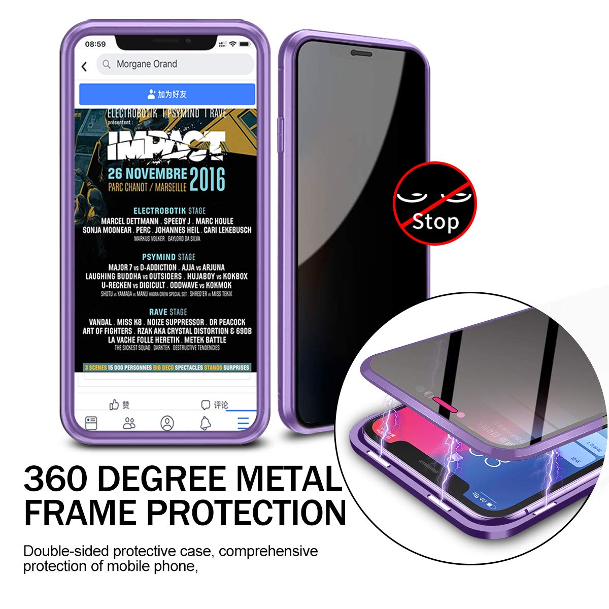Magnetic Case for iPhone 11, Anti Peep Magnetic Adsorption Double-Sided Privacy Screen Protector Clear Back Metal Bumper Antipeep Cases Anti Peeping 2 Sided Cover for iPhone 11 6.1 Inch-Purple