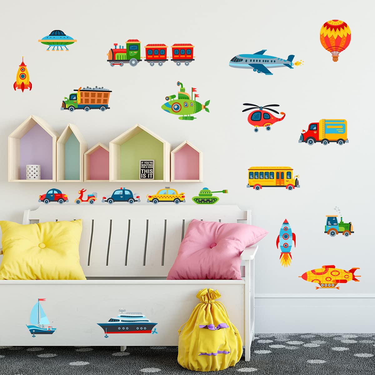Transport Vehicles Wall Decals for Kids Car Train Spacecraft Airplane Wall Stickers Boys Room Playroom Baby Nursery