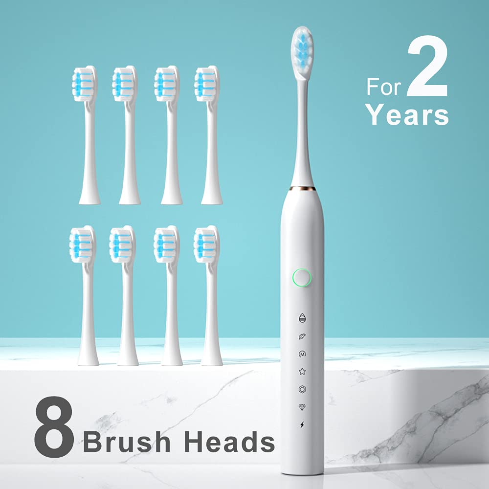 SUNPRO 2 Pack Sonic Electric Toothbrush, 6 Modes, 42000vpm, 2 Minute Built-in Timer with 8 Brush Heads (Black+Pink)