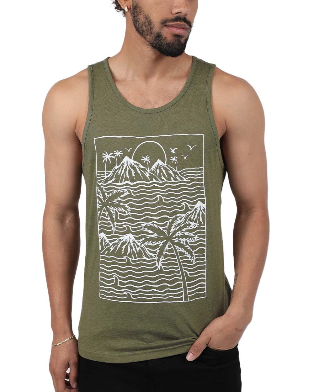 INTO THE AM Summer Islands Graphic Tank Tops for Men - Premium Summer Sleeveless Beach Fashion Men's Tank Tops (Olive Green, X-Large)