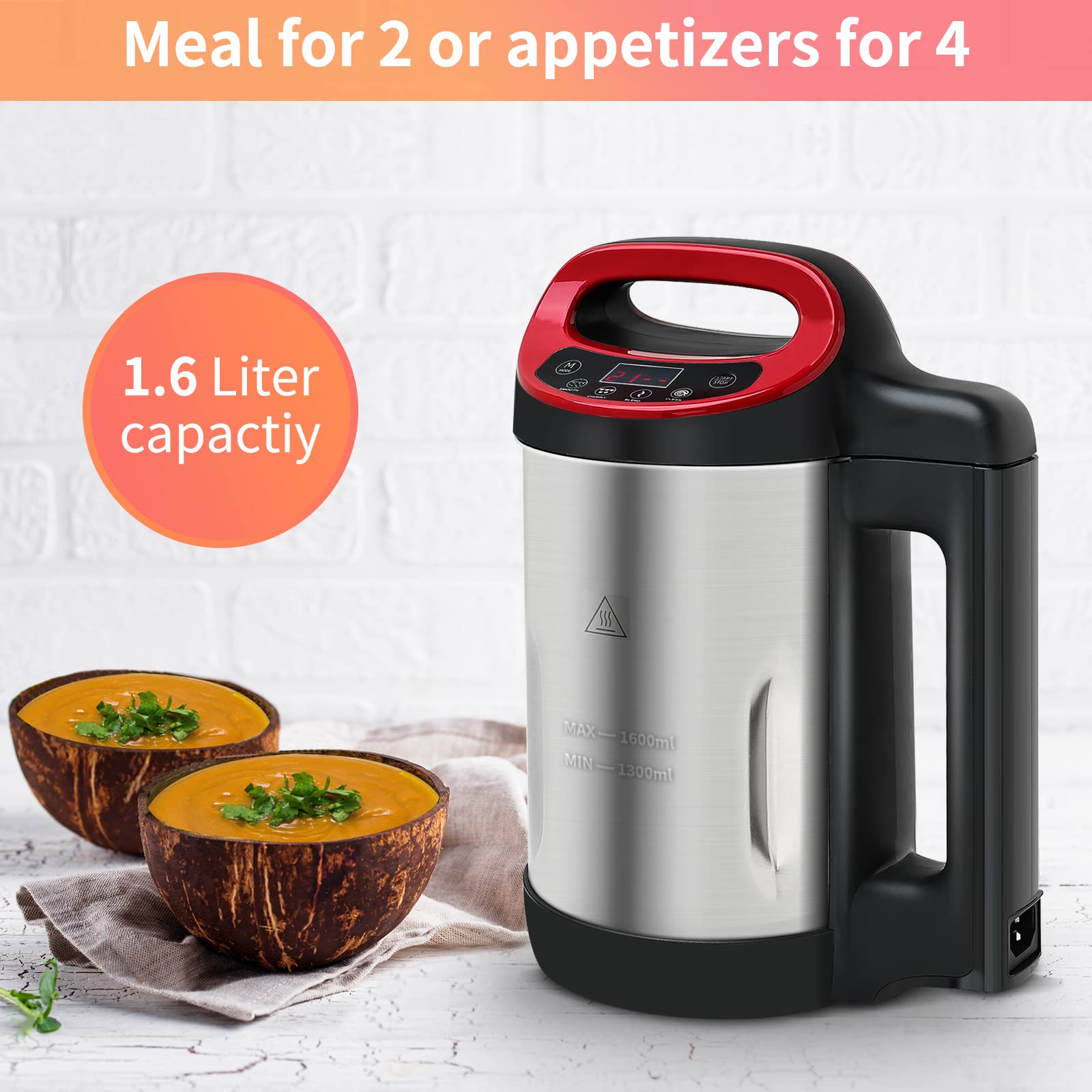 Potlimepan Soup Maker 1.6 L, 6 in 1 Multi-Funcation Soup and Smoothie Maker with Smart Control Panel, Stainless Steel Hot Soup Maker Electric, Makes 2-5 Servings Smart Living for Home Use Red
