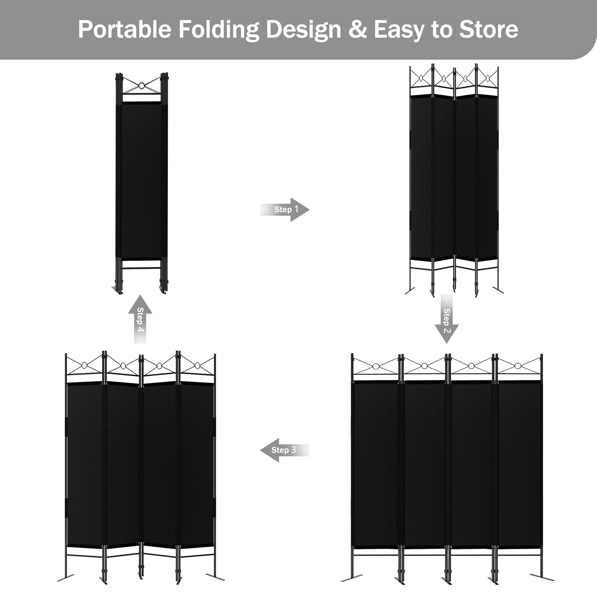 JAXPETY Upgraded 4-Panel Room Divider, 6 Ft Folding Privacy Screen with Pedestals, Freestanding Wall Divider, Portable Office Separator Bedroom Dorm Home Partition (Black)