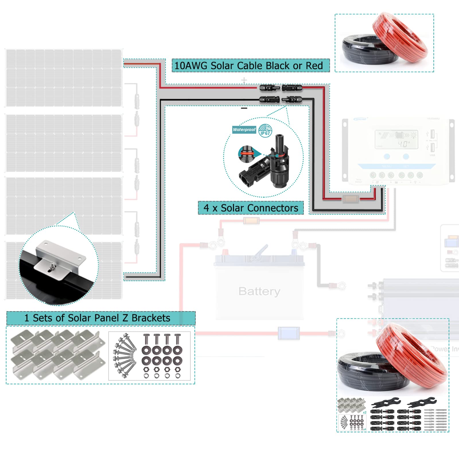 Temank 10AWG Solar Extension Cable 100Ft Black + 100 Ft Red, 10 Gauge Solar Panel Cables Wire 100 Ft with 8 Pairs 1500V Solar connectors and 2 Sets of Z Brackets