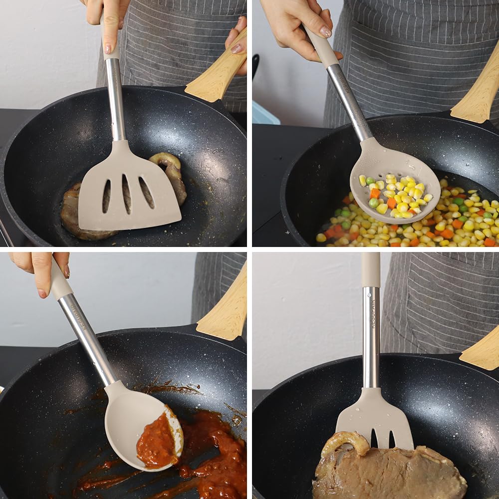 KESUPAIR Silicone Kitchen Utensils Set, 20 pcs Cooking Utensils Set-Cooking Utensil - Kitchen Gadgets and Tools with Holder-Stainless Steel Kitchen Utensil with Grater,Turner,Tongs (Khaki)