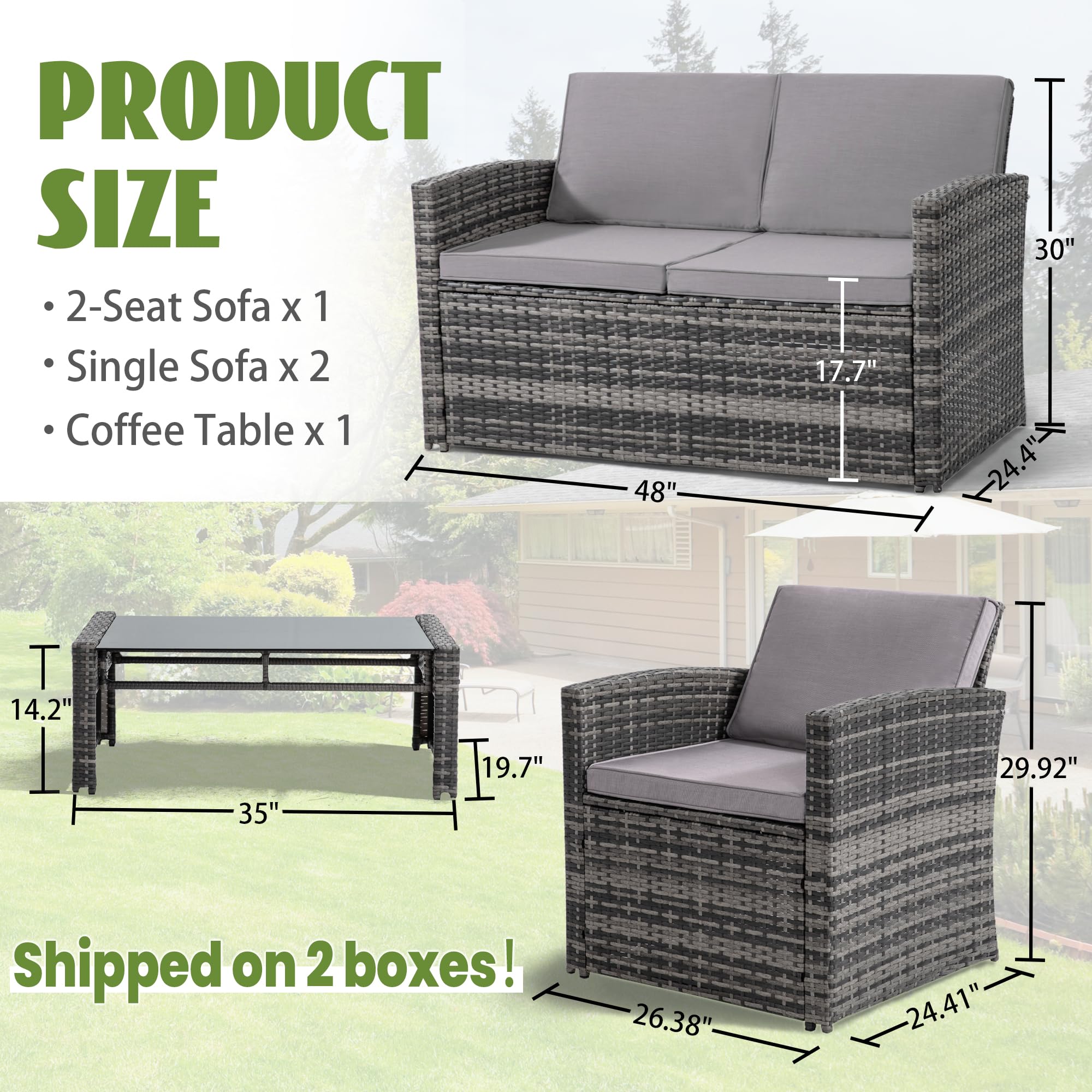 KROFEM 4 Pieces Patio Conversation Set, Outside Rattan Sectional Sofa, Cushioned Furniture Set, Wicker Sofa Ideal for Garden, Porch, Backyard, Grey Color Rattan and Light Grey Cushion