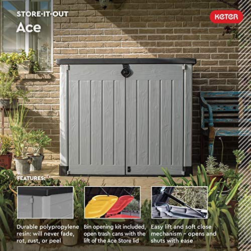 Keter Store-It-Out Ace 4.75 x 2.7 Foot Resin Outdoor Storage Shed with Easy Lift Hinges, Perfect for Trash Cans, Yard Tools, and Pool Toys - Bin Opening Kit Included