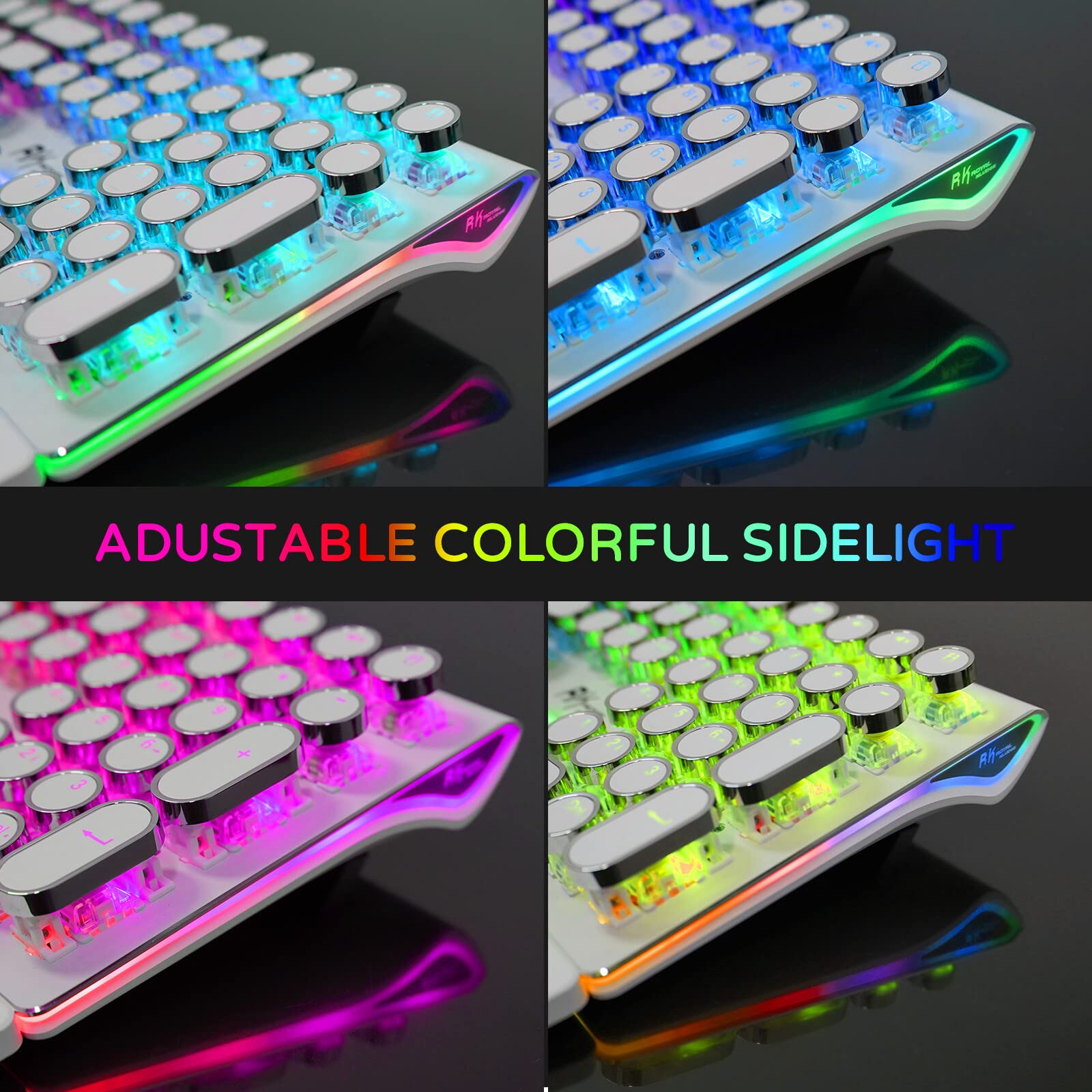 RK ROYAL KLUDGE S108 Typewriter Style Retro Mechanical Gaming Keyboard Wired with True RGB Backlit Collapsible Wrist Rest 108-Key Blue Switch Round Keycap - White