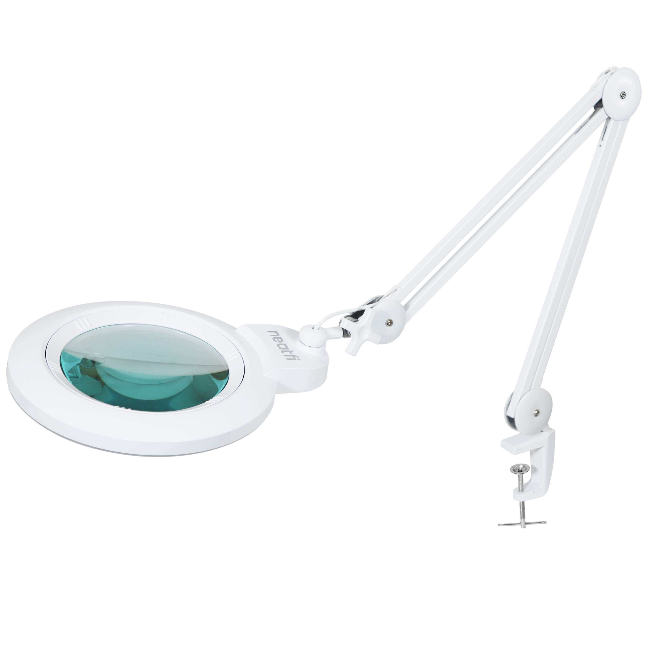 Neatfi XL Bifocal LED Magnifying Lamp, 7-Inch Acrylic Lens, 5D/20D Magnification, Hands-Free, Dimmable, 84 SMD LED, Adjustable Arm for Crafts, Reading, Close Work (with Clamp, White)