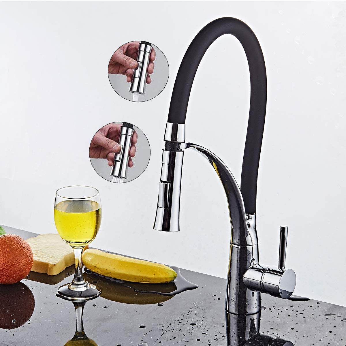 Kitchen Sink Faucet, 360° Swivel Kitchen Mixer Taps with Black Silicone Hose Chrome Finish, Kitchen Mixer Faucet 2 Modes Extractable Handheld Shower Pull Out Down Sprayer, Cold Hot Water Faucets