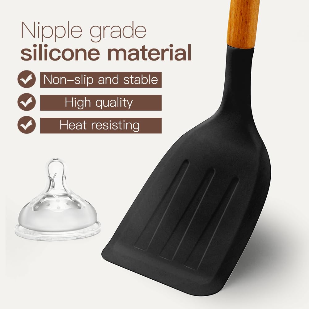 Kitchen Cooking Utensils Set, 14 Non-Stick Silicone Cooking Kitchen Utensils Spatula Set with Holder, Wooden Handle Silicone Kitchen Gadgets Utensil Set for Nonstick Cookware(Black)