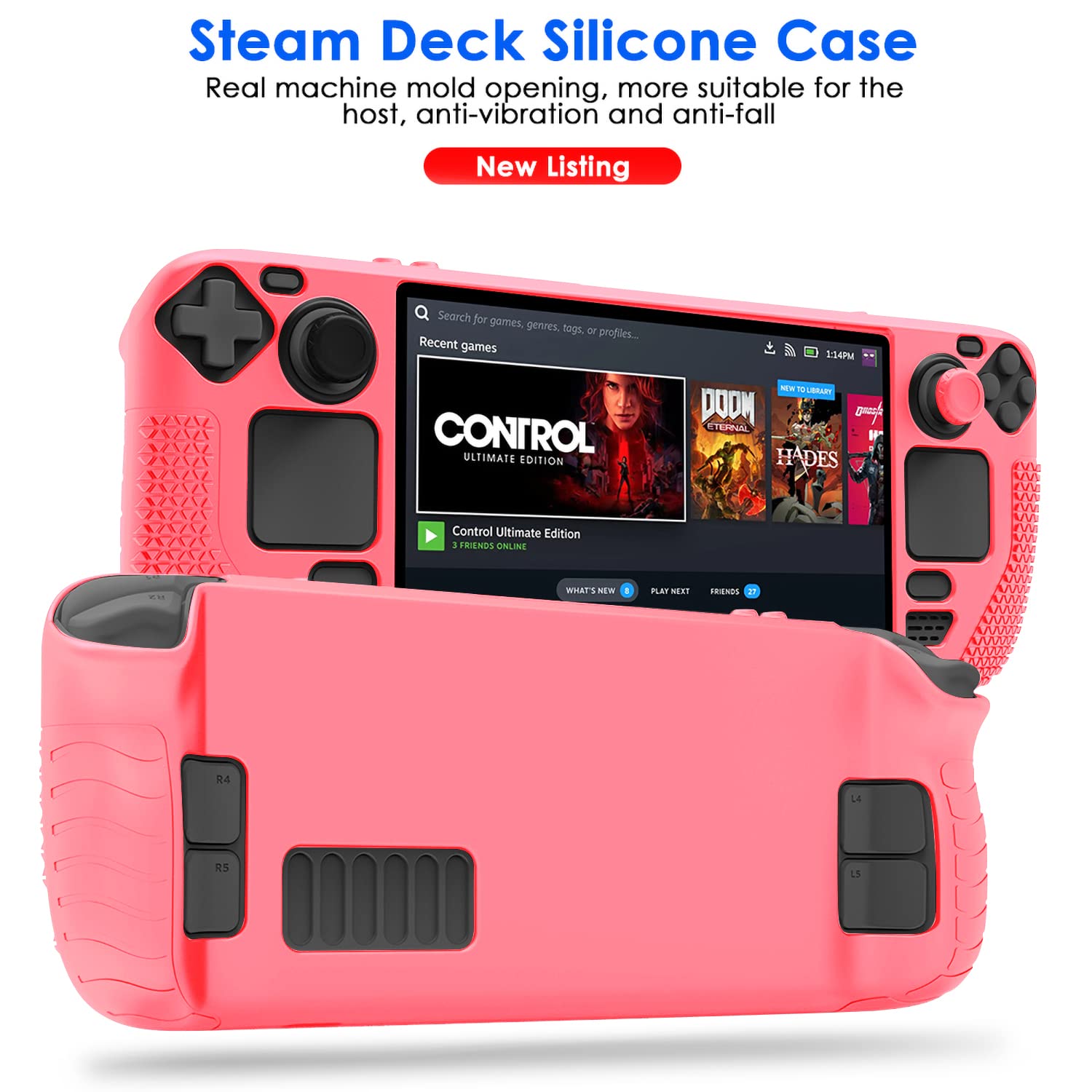 PAKESI Protective Case for Steam Deck with 2 Pack Screen Protector, Thickened Soft Silicone Shockproof Protective Cover,Ergonomic Grip Case Console,Individuality Texture Accessories (Pink)