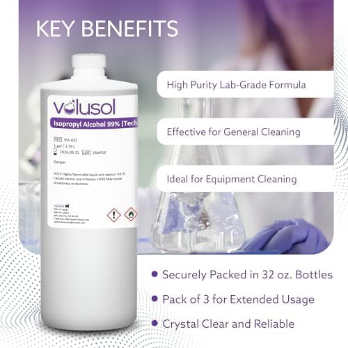 Volu-Sol Isopropyl Alcohol 99% (Isopropanol) - High Purity, USP - Kosher Grade IPA - 1 Gallon (128 oz) (4 Quarts) (4 Pack 32 oz) for Medical, Lab Equipment & Electronics, Clear Bottle