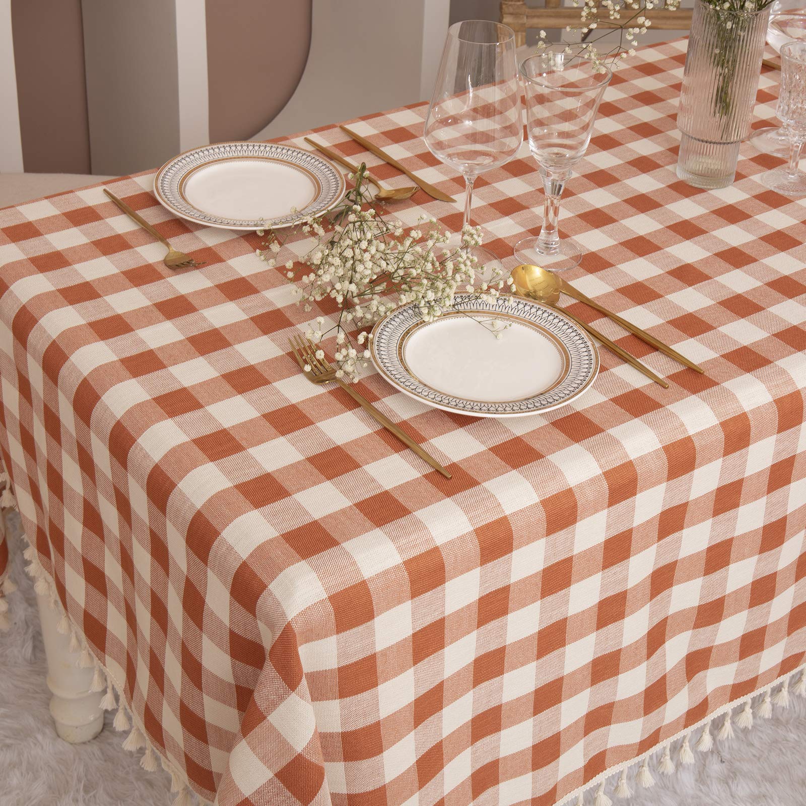 Midsummer Breeze Rustic Gingham Tablecloth, Cotton Buffalo Plaid Table Cloth for Fall Thanksgiving Christmas Kitchen Restaurant Holiday Outdoor Picnic Decoration(Rectangle/Oblong, 55x84,Orange