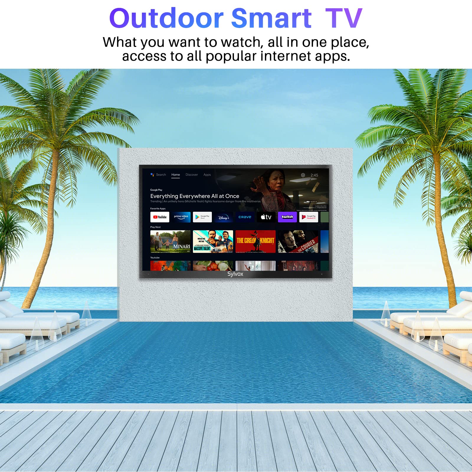 SYLVOX 55” Outdoor Smart TV with TV Mount, Outdoor TV 4K UHD, Voice Remote Control, Google Play, Support Download APPs, Chromecast Built-in (Deck Pro Series)