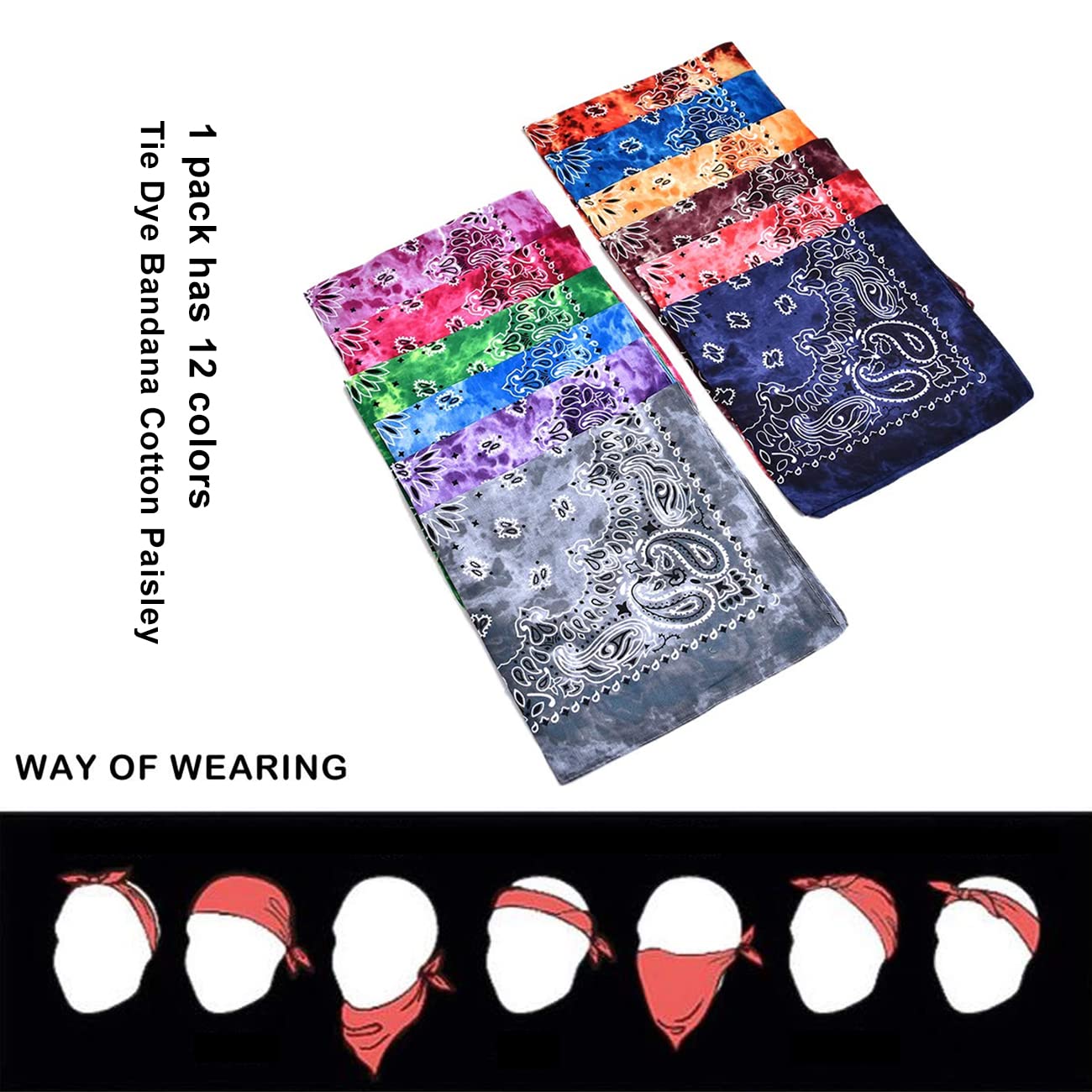 Nambee Tie Dye Bandanas Cotton Paisley Print Novelty Headband,12 Packs 21x21 inches Multi-Purpose Printed Unisex Kerchief