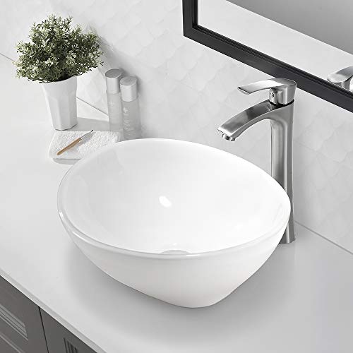 VOKIM Oval White Ceramic Vessel Sink and Faucet Combo -16" x 13" Modern Egg Shape Above Counter Bathroom Vanity Bowl,Brushed Nickel Faucet Matching Pop Up Drain Combo