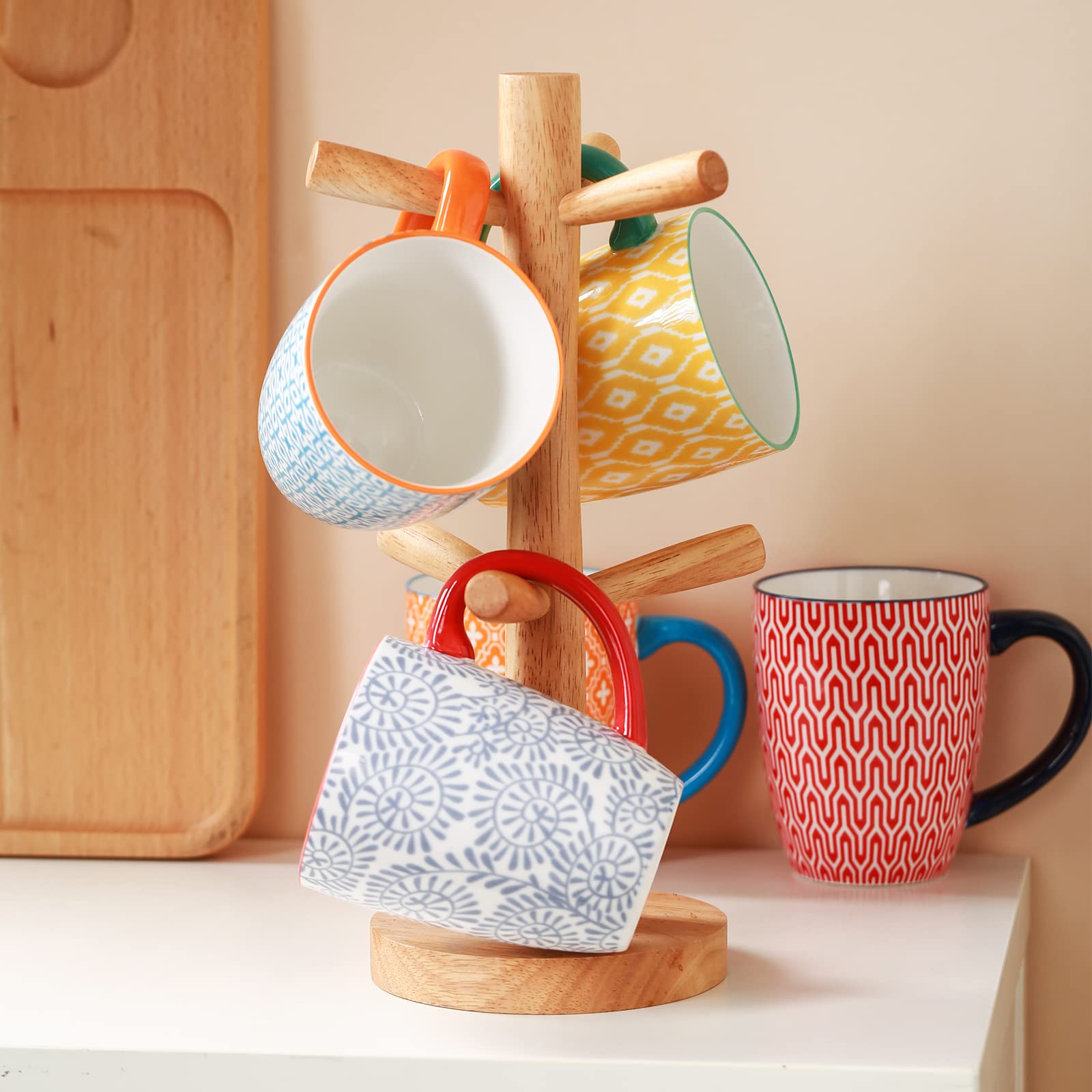 KitchenTour Ceramic Coffee Mug 11.6oz - Set of 6 - Coloful Restaurant Mugs - Cup set for Coffee, Tea, Cappuccino, Cocoa - Bohemia style