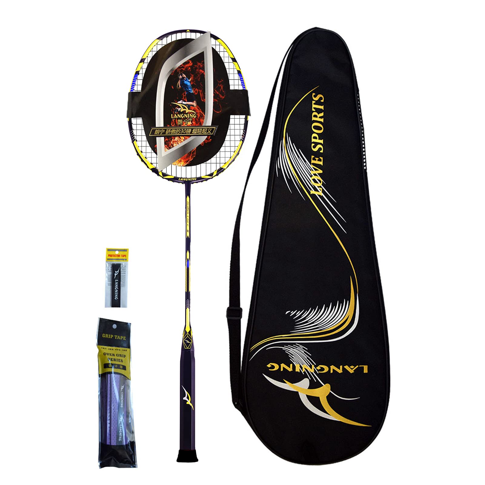 LANGNING 8U Graphite Professional Badminton Racket for Youth,Light Weight Carbon Fiber Single High-Grade Badminton Racquet,Carrying Bag Included