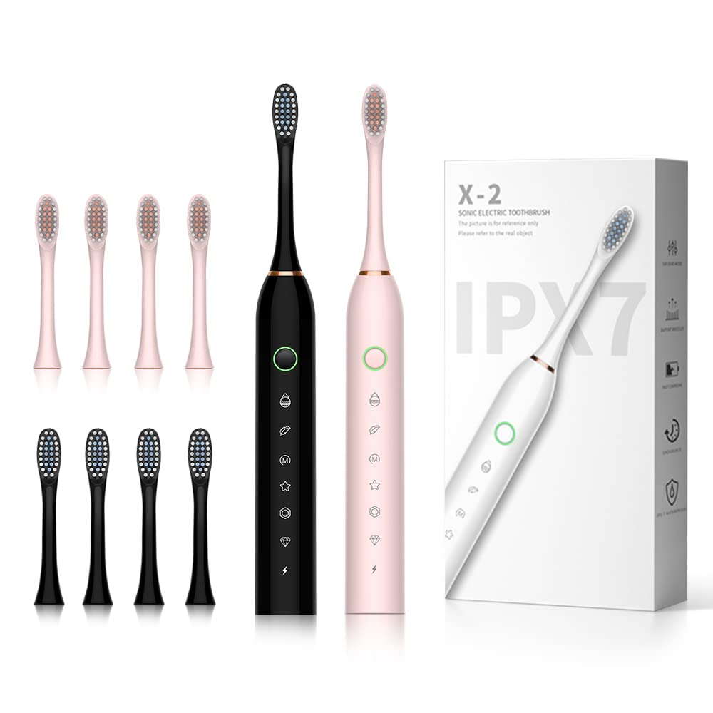 SUNPRO 2 Pack Sonic Electric Toothbrush, 6 Modes, 42000vpm, 2 Minute Built-in Timer with 8 Brush Heads (Black+Pink)